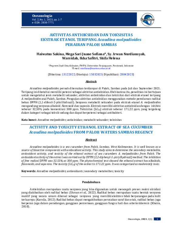 (PDF) Aktivitas Antioksidan dan Toksisitas Ekstrak Etanol Teripang ...