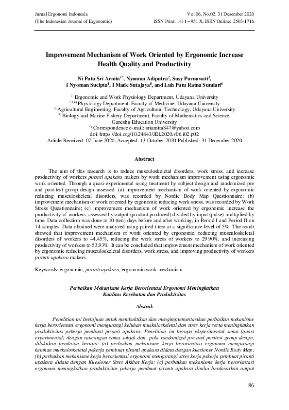 (PDF) Improvement Mechanism of Work Oriented by Ergonomic Increase ...