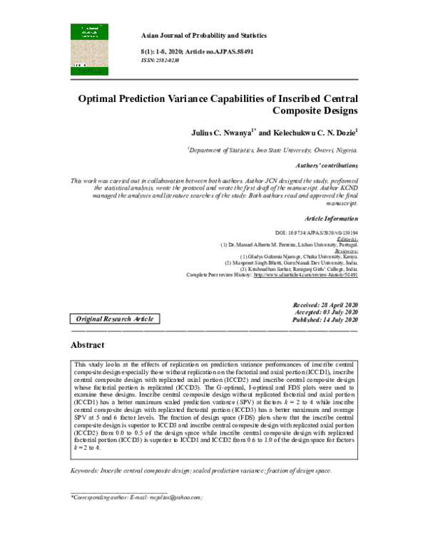 (PDF) Optimal Prediction Variance Capabilities of Inscribed Central ...