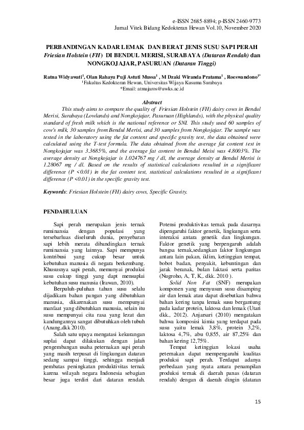 (PDF) PERBANDINGAN KADAR LEMAK DAN BERAT JENIS SUSU SAPI PERAH Friesian ...