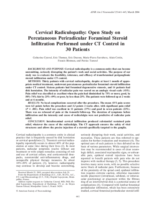 (PDF) Cervical Radiculopathy: Open Study on Percutaneous Periradicular ...