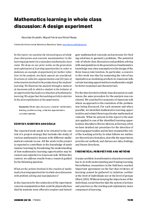 (PDF) Mathematics learning in whole class discussion: A design experiment
