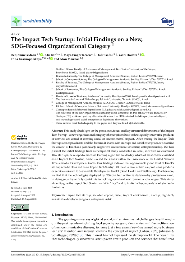 (PDF) The Impact Tech Startup: Initial Findings on a New, SDG-Focused ...