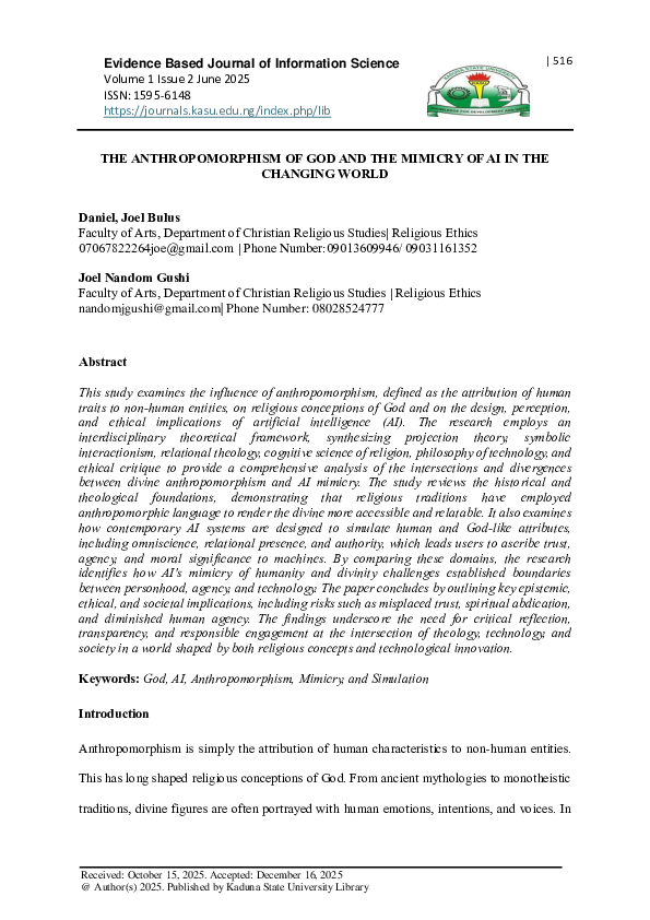 (PDF) THE ANTHROPOMORPHISM OF GOD AND THE MIMICRY OF AI IN THE CHANGING ...