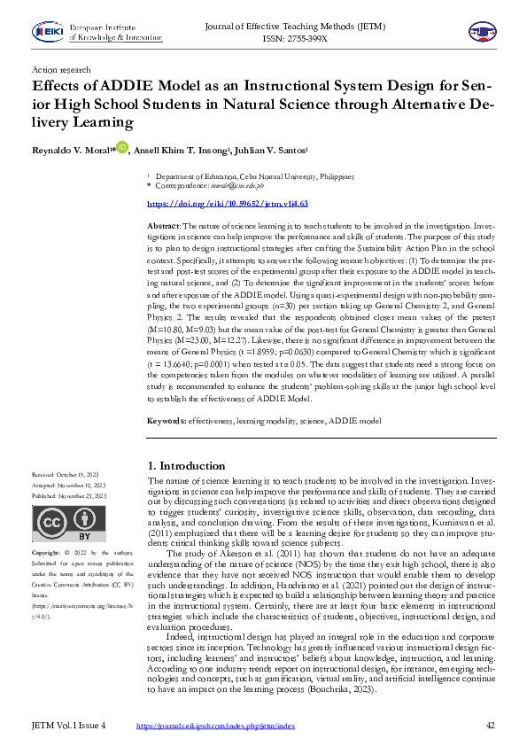 (PDF) Effects Of ADDIE Model As An Instructional System Design For ...