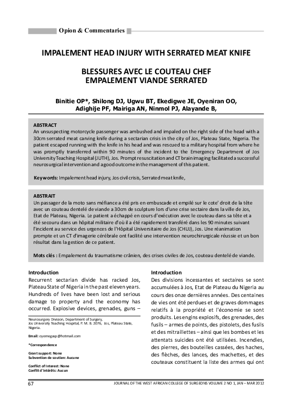 (PDF) Impalement head injury with serrated meat knife