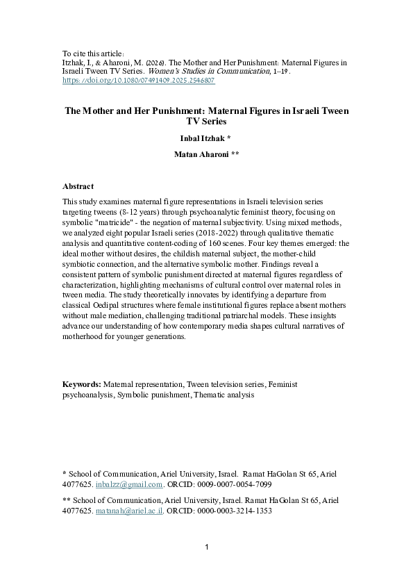 (PDF) The Mother and Her Punishment: Maternal Figures in Israeli Tween ...