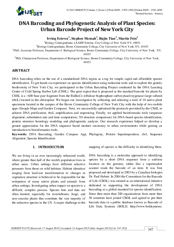 (PDF) DNA Barcoding and Phylogenetic Analysis of Plant Species: Urban Barcode Project of New ...
