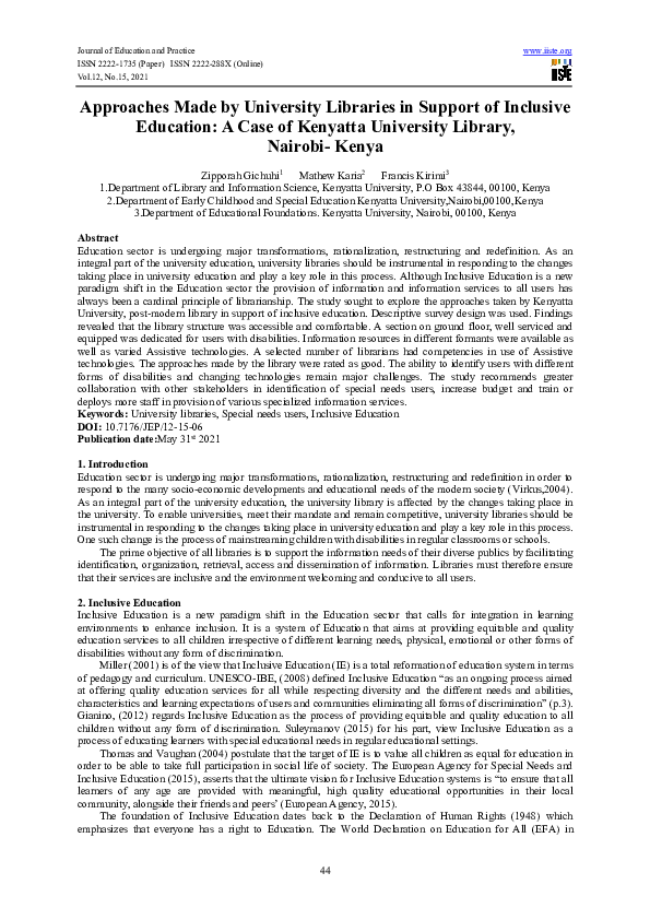 (PDF) Approaches Made by University Libraries in Support of Inclusive ...