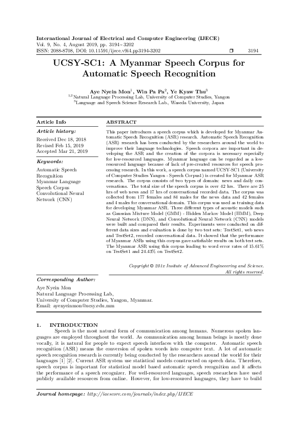 (PDF) UCSY-SC1: A Myanmar speech corpus for automatic speech recognition