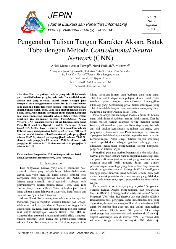 (PDF) Pengenalan Tulisan Tangan Karakter Aksara Batak Toba dengan Metode Convolutional Neural ...