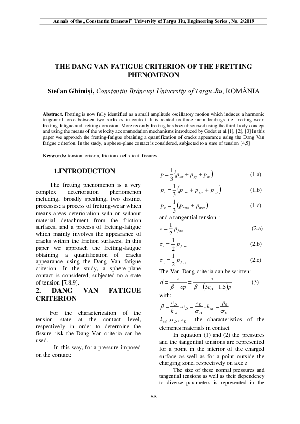 (PDF) The Dang Van Fatigue Criterion of the Fretting Phenomenon