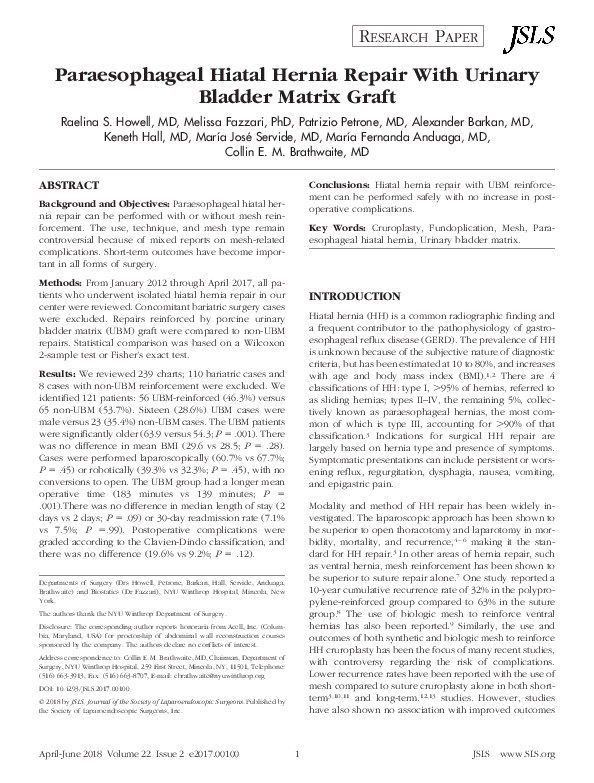 (PDF) Paraesophageal Hiatal Hernia Repair With Urinary Bladder Matrix Graft