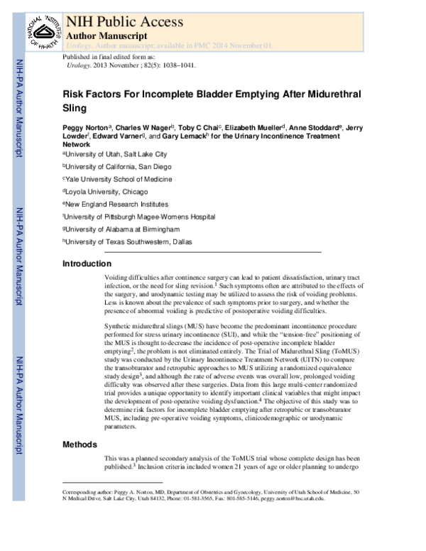 (PDF) Risk Factors for Incomplete Bladder Emptying After Midurethral Sling