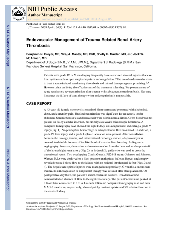 (PDF) Endovascular Management of Trauma Related Renal Artery Thrombosis