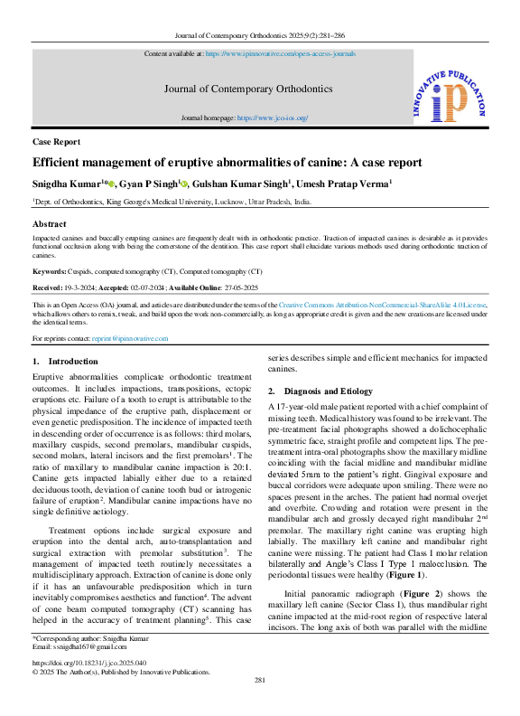 (PDF) Efficient management of eruptive abnormalities of canine: A case ...