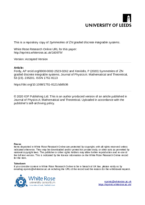 (PDF) Symmetries of ${\mathbb{Z}}_{N}$ graded discrete integrable systems