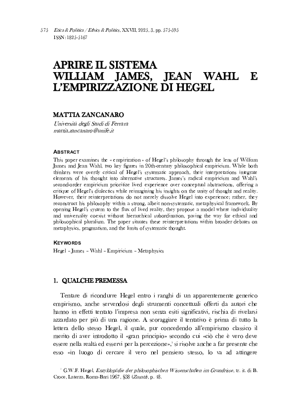 (PDF) Aprire il sistema. William James, Jean Wahl e l'empirizzazione di ...