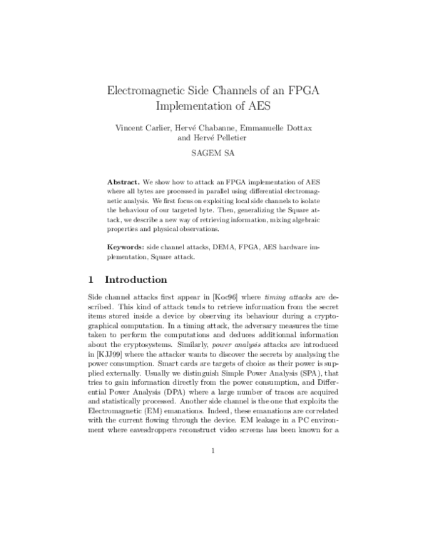 (PDF) Electromagnetic Side Channels of an FPGA Implementation of AES