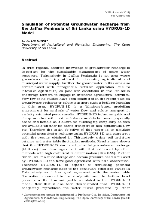 (PDF) Simulation of Potential Groundwater Recharge from the Jaffna ...