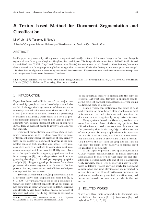 (PDF) A Texture-based Method for Document Segmentation and Classification