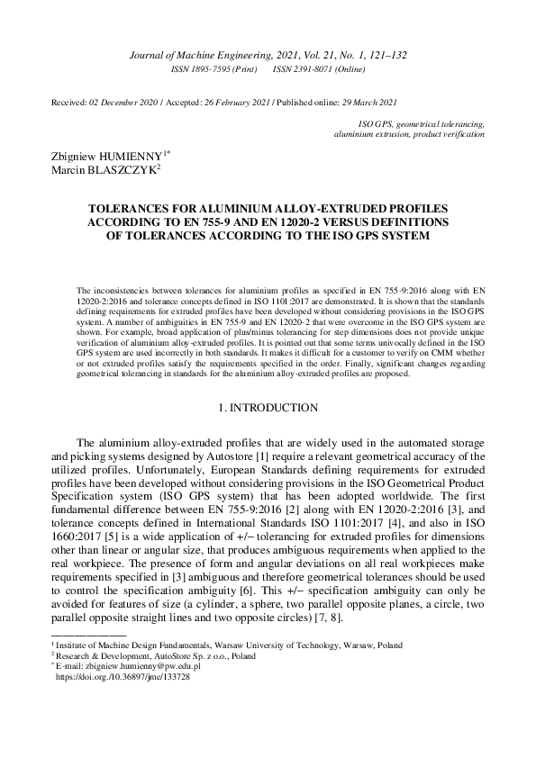 (PDF) Tolerances for aluminium alloy-extruded profiles according to EN ...