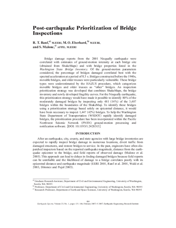(PDF) Post-earthquake Prioritization of Bridge Inspections