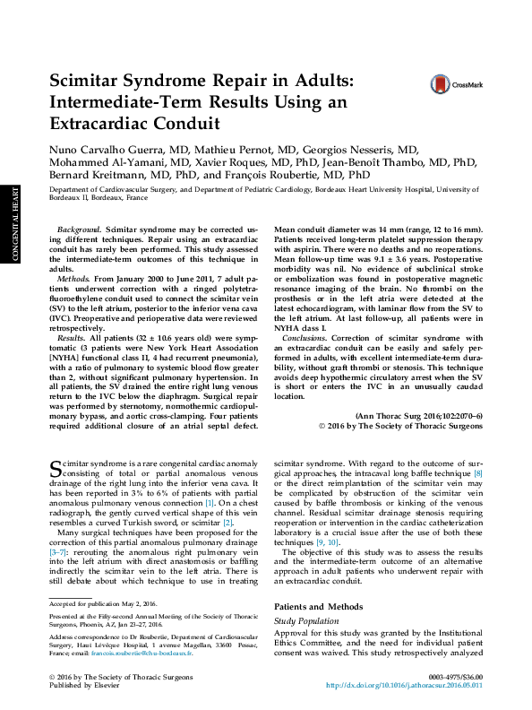 (PDF) Scimitar Syndrome Repair in Adults: Intermediate-Term Results ...