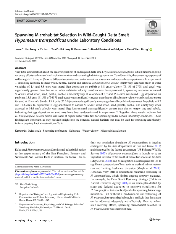 (PDF) Spawning Microhabitat Selection in Wild-Caught Delta Smelt ...