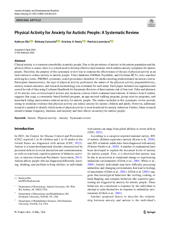 (PDF) Physical Activity for Anxiety for Autistic People: A Systematic ...