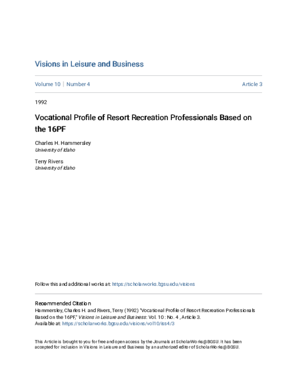 (PDF) Vocational Profile of Resort Recreation Professionals Based on ...