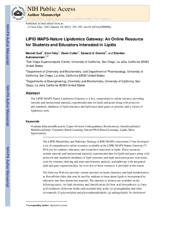 (PDF) LIPID MAPS-Nature Lipidomics Gateway: An Online Resource for ...