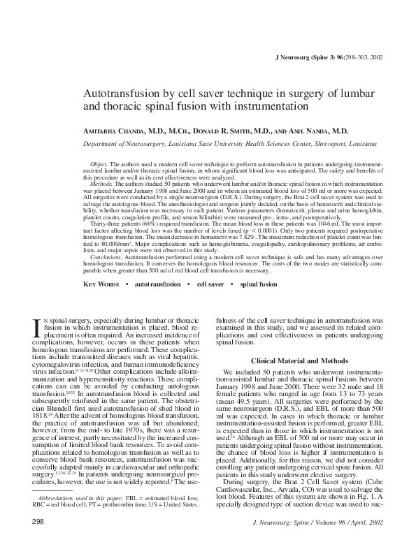 (PDF) Autotransfusion by cell saver technique in surgery of lumbar and ...