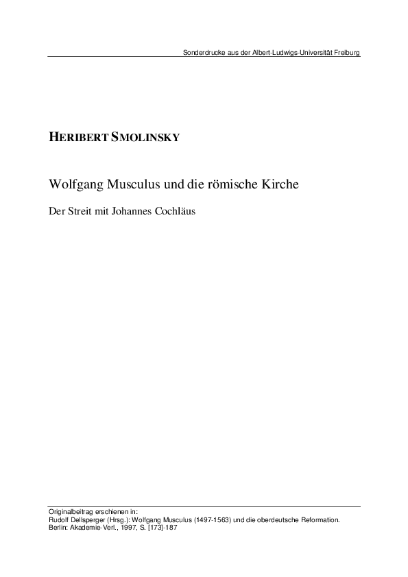 (PDF) Wolfgang Musculus und die Römische Kirche: der Streit mit ...