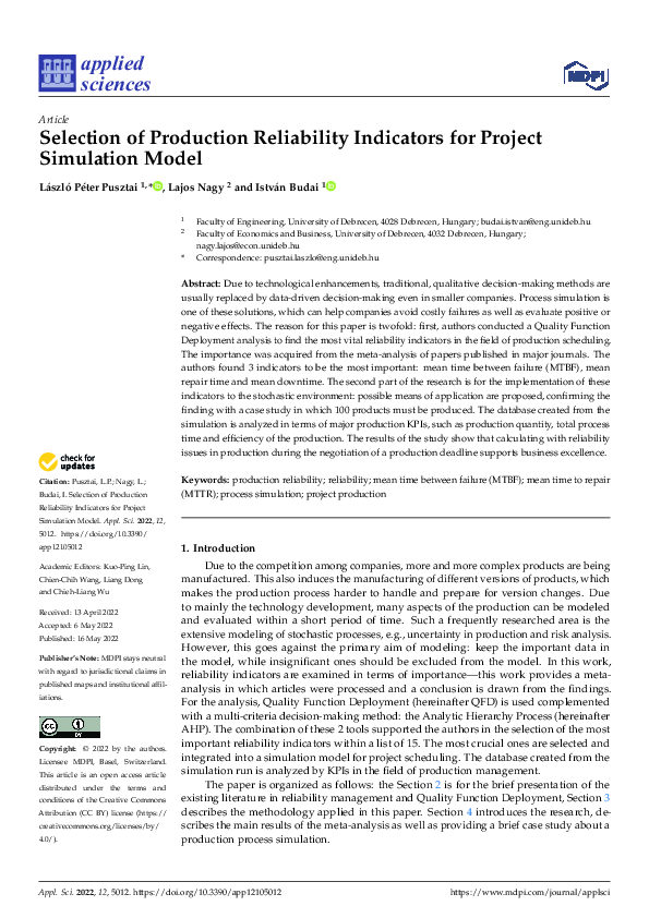 (PDF) Selection of Production Reliability Indicators for Project ...