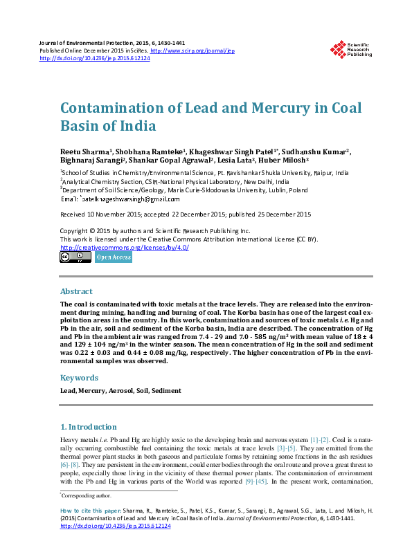 (PDF) Contamination of Lead and Mercury in Coal Basin of India