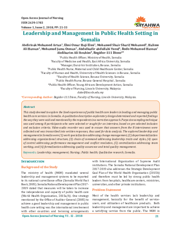 (PDF) Leadership and Management in Public Health Setting in Somalia