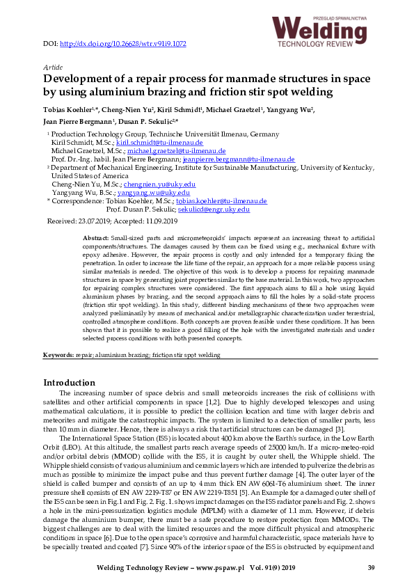 (PDF) Development of a repair process for manmade structures in space ...