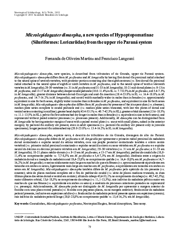 (PDF) Microlepidogaster dimorpha, a new species of Hypoptopomatinae ...