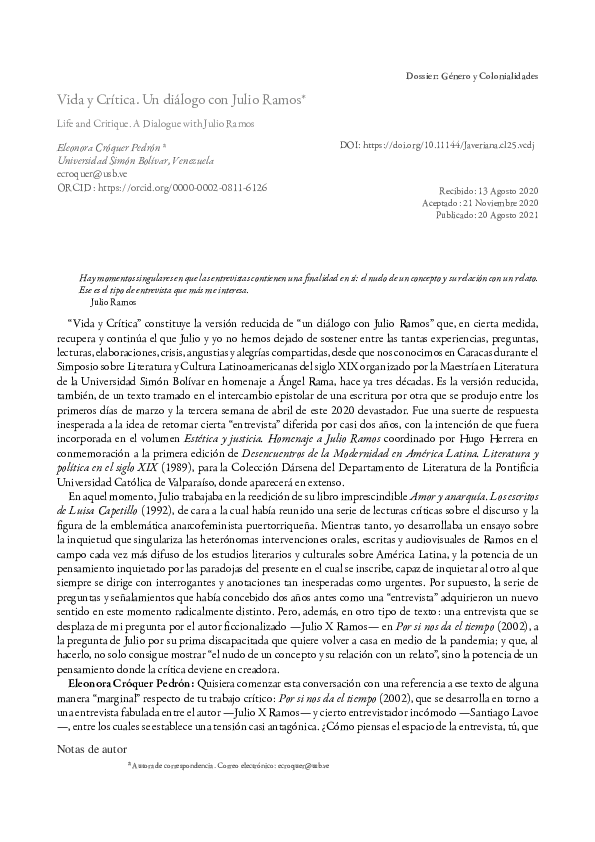 (PDF) Vida y Crítica. Un diálogo con Julio Ramos