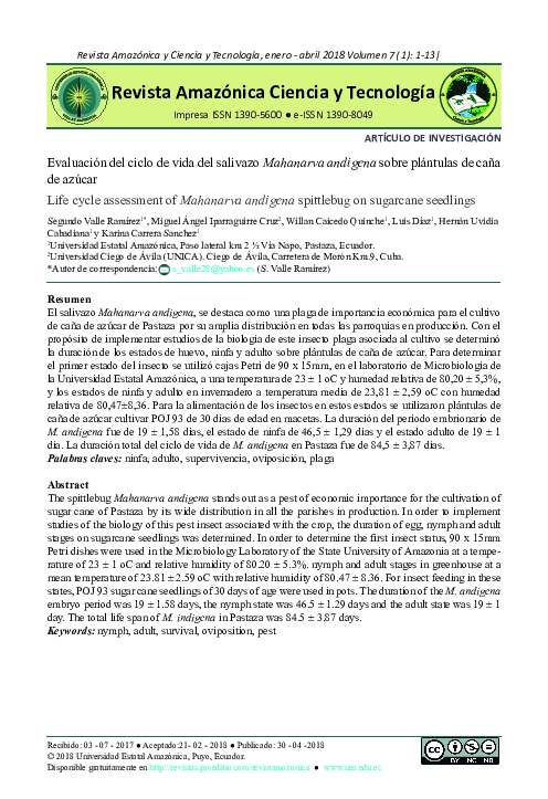 (PDF) Evaluación del ciclo de vida del salivazo Mahanarva andigena ...