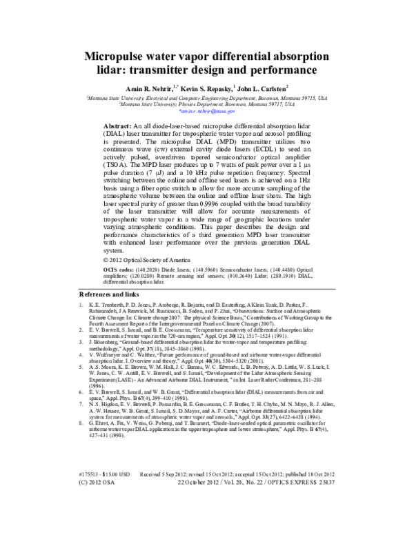 (PDF) Micropulse water vapor differential absorption lidar: transmitter ...
