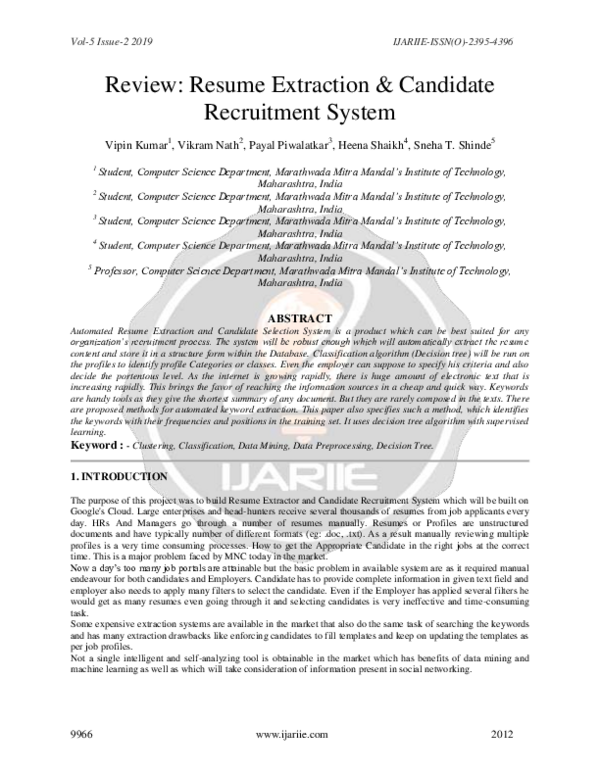 (PDF) Review: Resume Extraction & Candidate Recruitment System