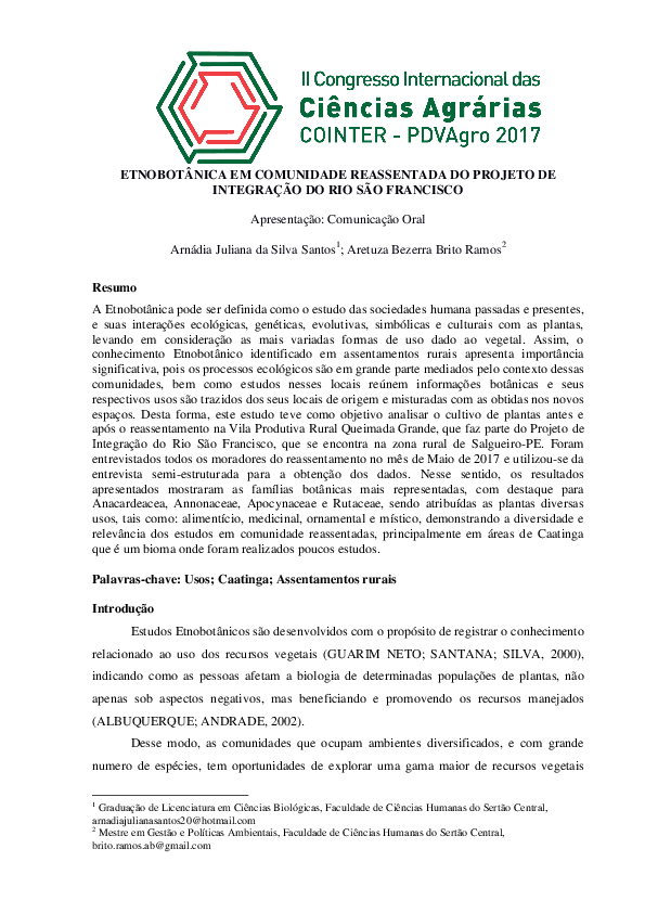(PDF) Etnobotânica Em Comunidade Reassentada Do Projeto De Integração ...