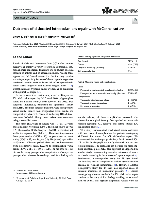 (PDF) Outcomes of dislocated intraocular lens repair with McCannel suture