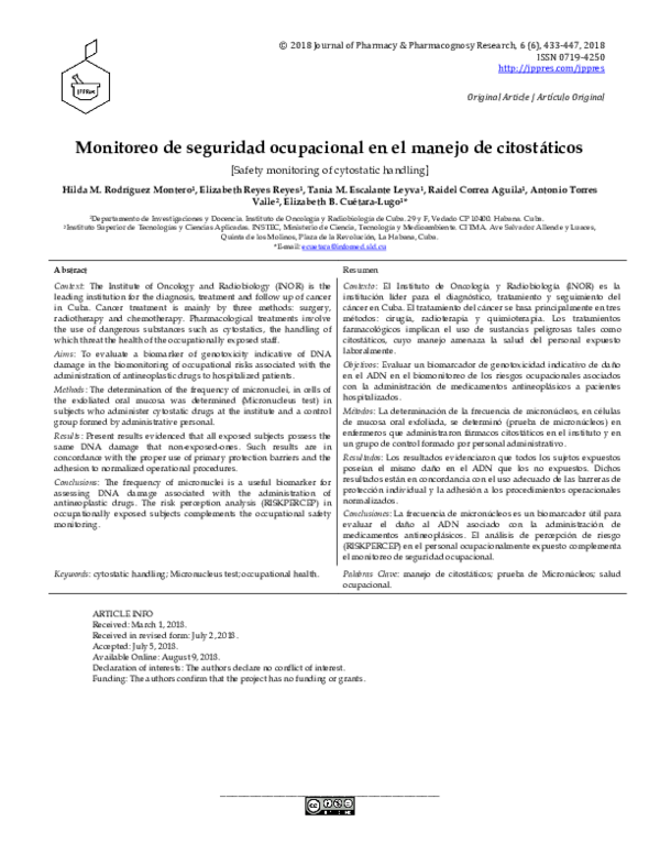 (PDF) Monitoreo de seguridad ocupacional en el manejo de citostáticos