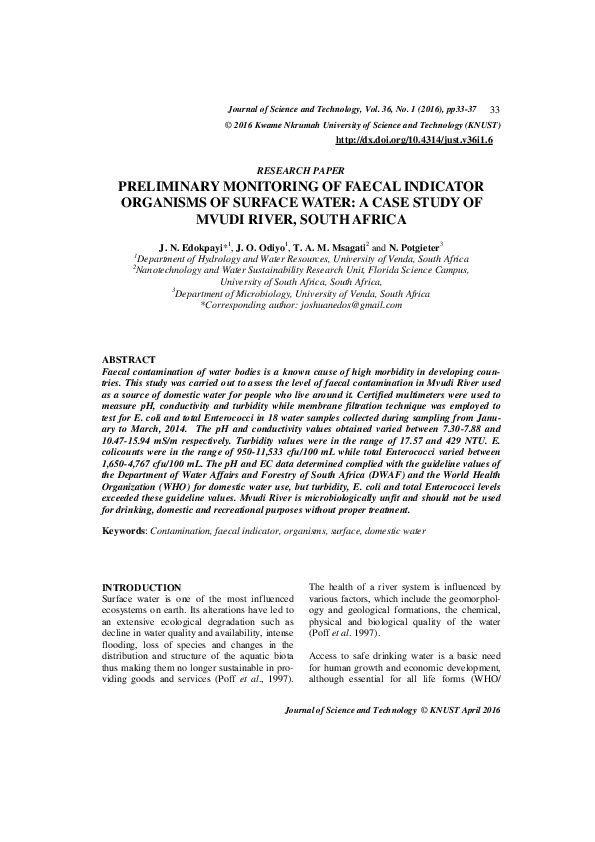 (PDF) Preliminary monitoring of faecal indicator organisms of surface ...