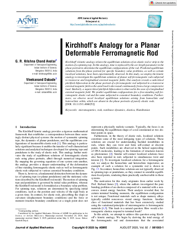 (PDF) Kirchhoff's Analogy for a Planar Deformable Ferromagnetic Rod