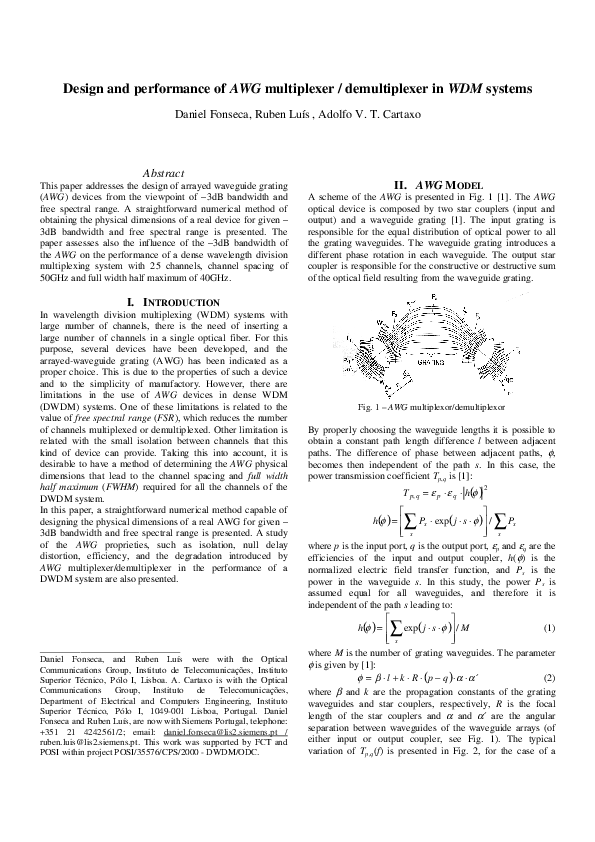 (PDF) Design and performance of AWG multiplexer/demultiplexer in WDM ...