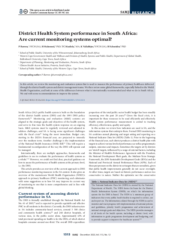 (PDF) District Health System performance in South Africa: Are current ...